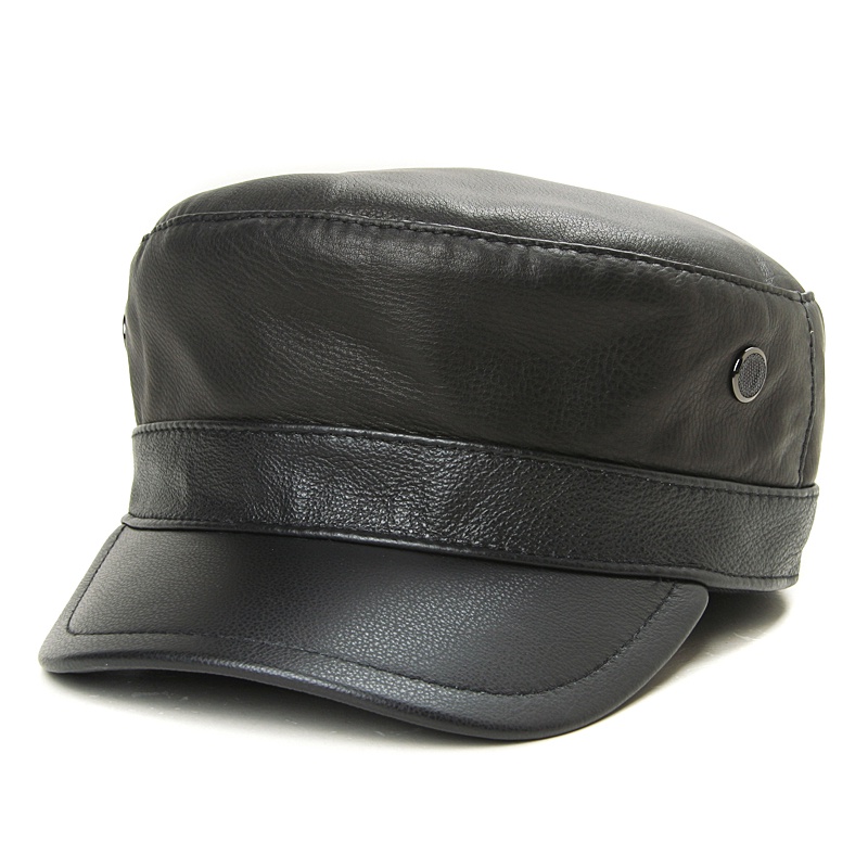 Leather Men39s Flat Top Military Hat Cowhide New Warm Leather Caps For ...