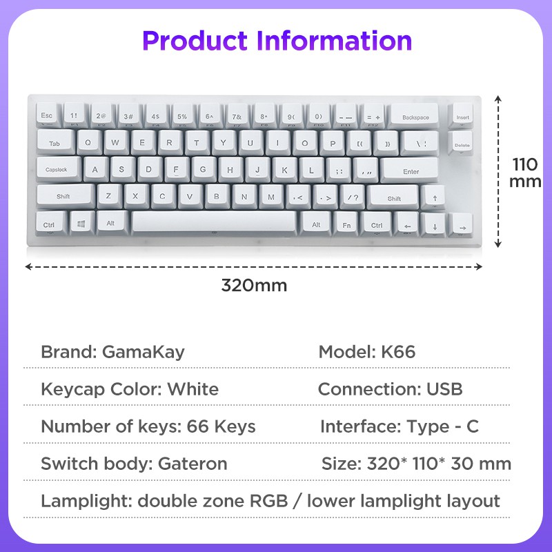 GamaKay K66 Mechanical Keyboard 66 Keys Gateron Switch Hot Swappable ...
