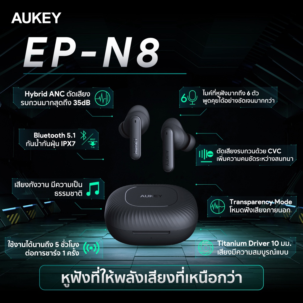 AUKEY EP-N8 หูฟังบลูทูธ Sport True Wireless Earbuds Active Noise Cancelling Transparency Mode ...