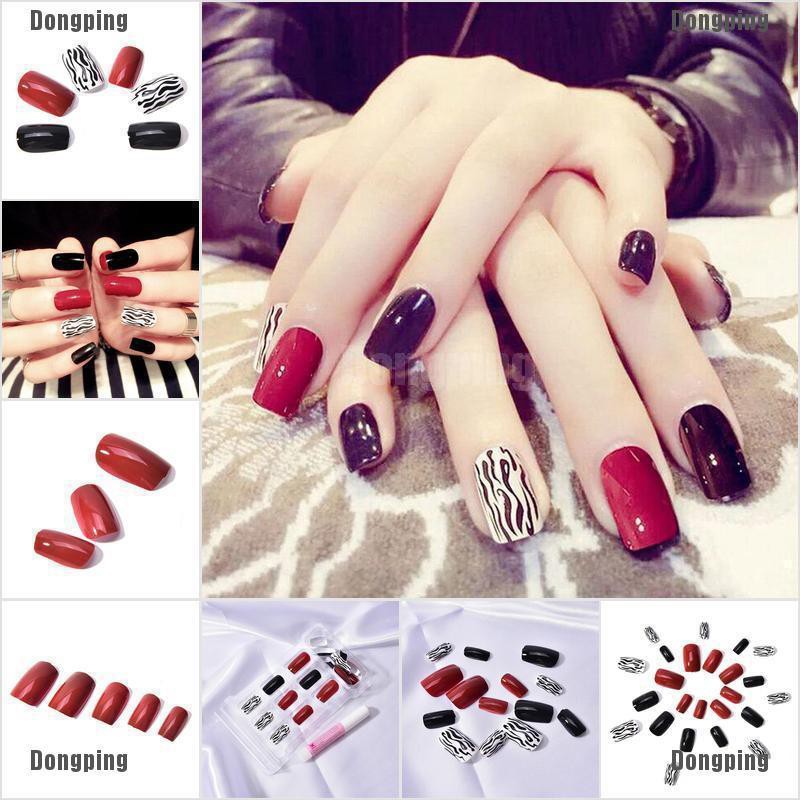 【don】24pcs Acrylic Designer Fake Nail Tips Diy French Full False Nails