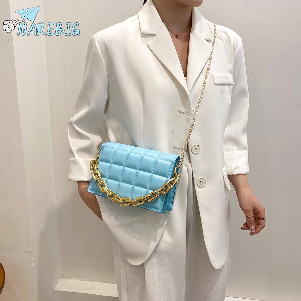 READY√Fashion Women Checker Pattern PU Messenger Bag Casual Thick Chain ...