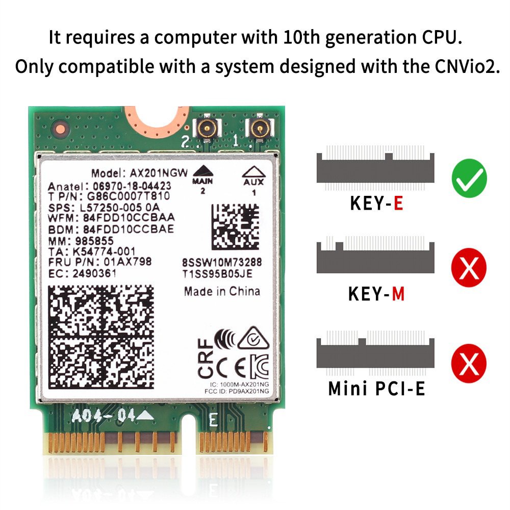 การ์ดไวไฟไร้สาย 2400Mbps 6 สําหรับ Intel AX201 บลูทูธ 5.0 NGFF Key E ...