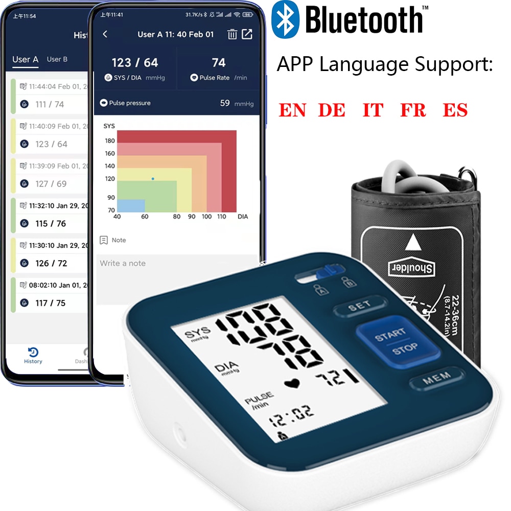 Bluetooth Arm Blood Pressure Monitor Data Record BP Sphygmomanometer ...