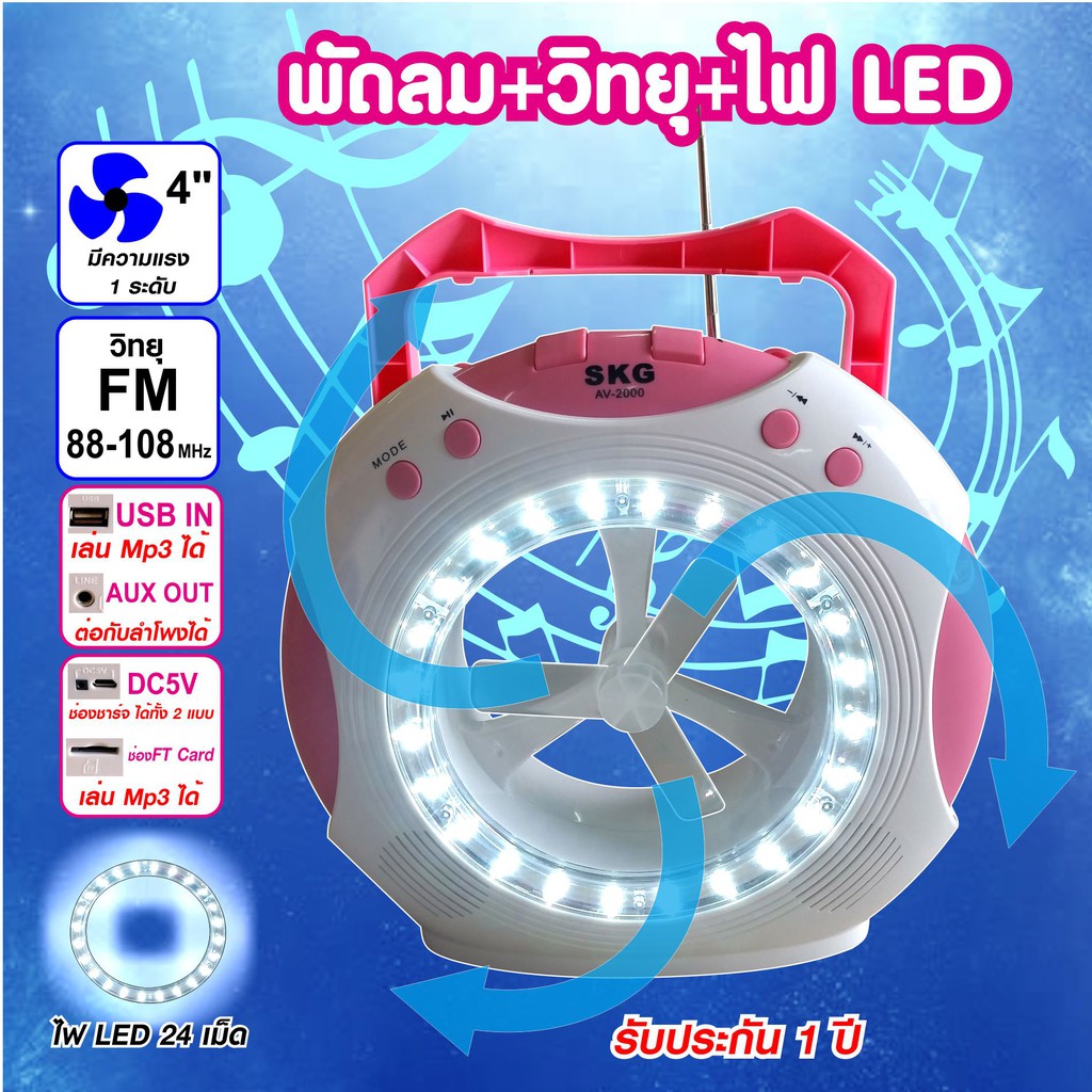 SKG พัดลมใบพัด 4 นิ้ว+วิทยุ มีไฟ LED 24 เม็ด รุ่น AV-2000 - super_shock ...