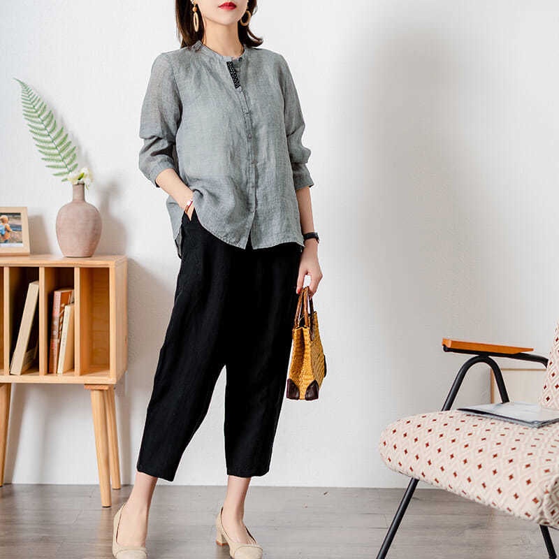 JS women blouse Retro imitation cotton linen 2021 summer new round ...