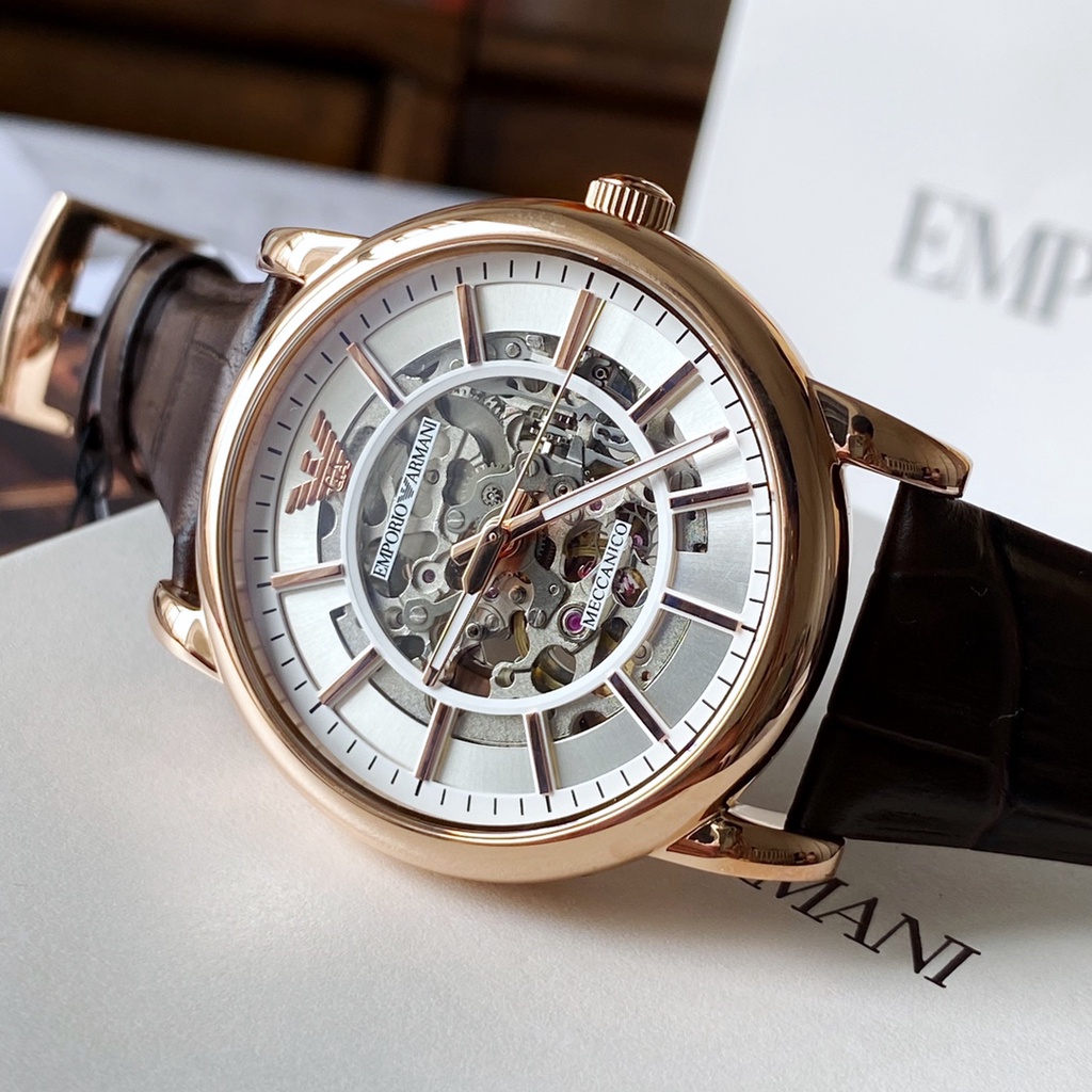 Armani AR1983 Rose Gold Skeleton Perspective Belt Automatic Mechanical ...