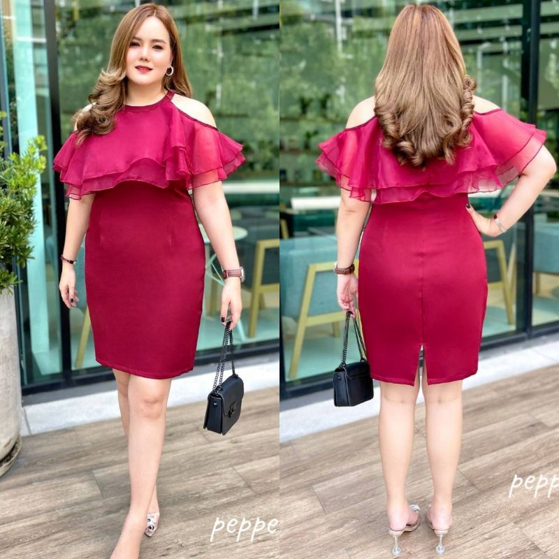 เดรสสาวอวบ (ไซส์ 3XL-6XL) เดรสทรงเว้าไหล่ แขนแต่งระบายผ้าแก้ว งานสวยไฮโซสุดๆคะนางแบบใส่งานจริง ...