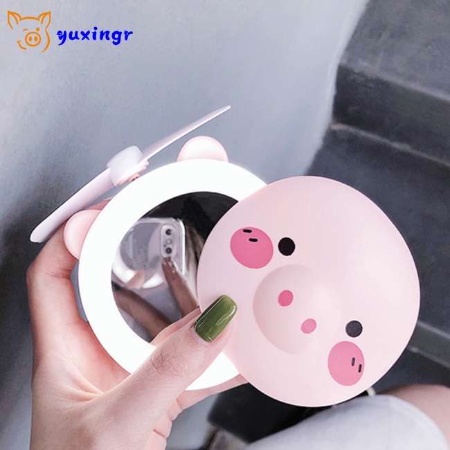 Cartoon Pig Portable LED Fill Light Makeup Mirror Fan USB Charging ...