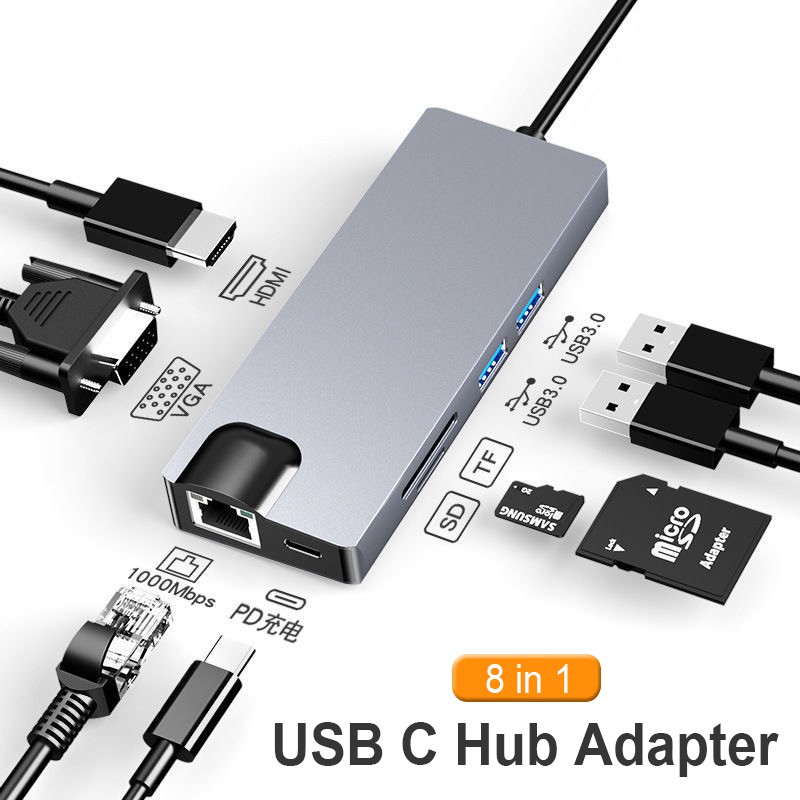 8 in1 Thunderbolt 3 USB Type C to HDMI HUB Adapter & RJ45 Ethernet ...