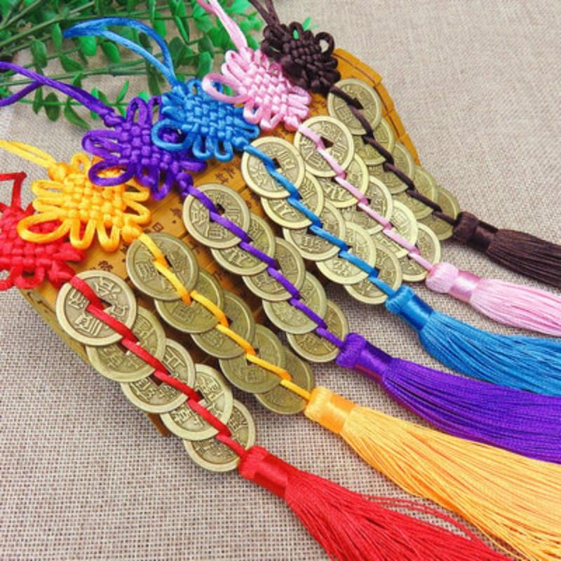 Chinese Bagua Safety Money Lucky Coin Charm with Red Mystic Knot Tassel ...