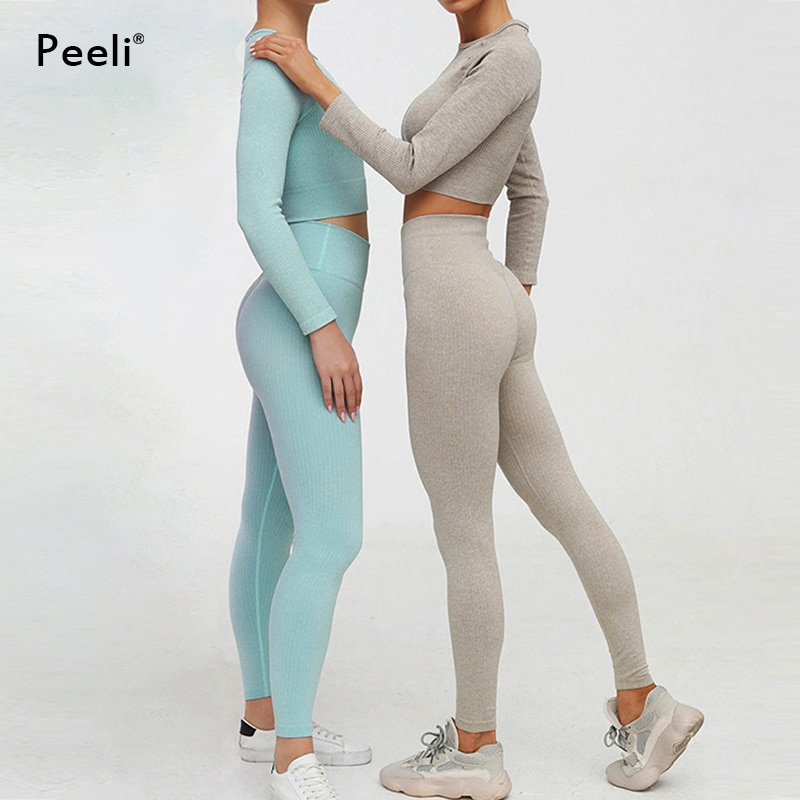 Seamless Yoga Suit Sports Set Gym Clothes Fitness Women Long Sleeve Crop Top High Waist Leggings ...