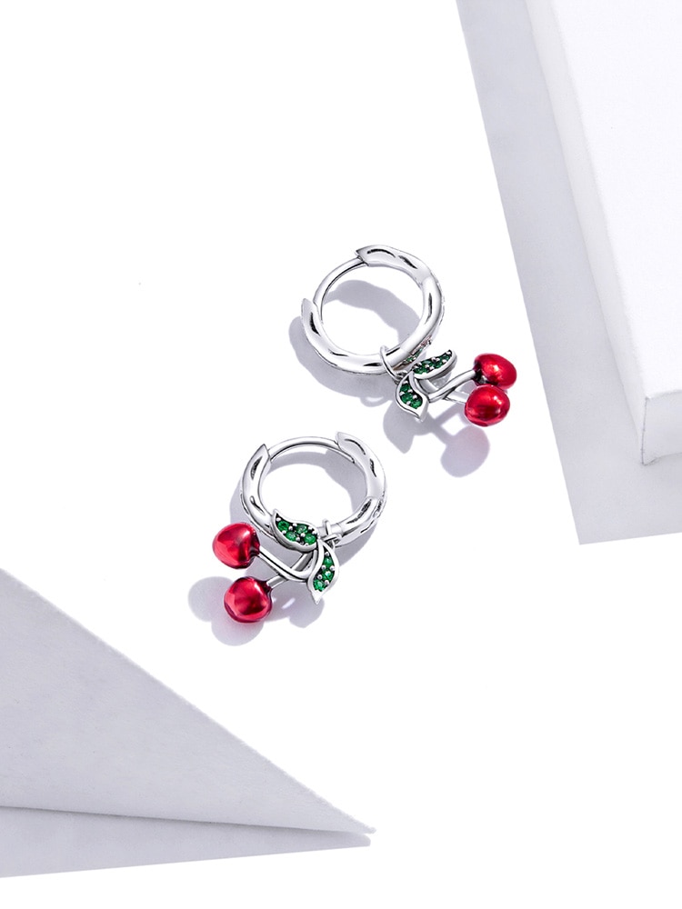 WOSTU Summer New 100 925 Sterling Silver Sweet Cherry Drop Earrings for Women Red Enamel Fashion ...