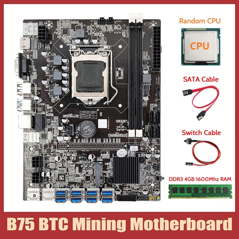 B75 ETH Mining MotherboardCPUDDR3 4GB 1600Mhz RAMSwitch CableSATA Cable ...