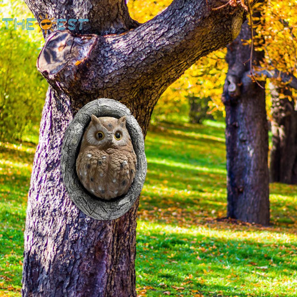 3D Tree Hole Owl Statue Hanging Art Resin Crafts Home Garden Festival ...