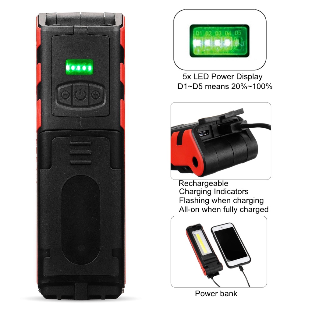 ☂USB แบบชาร์จไฟได้ COB ไฟ LED ทำงานไฟฉายหรี่ไฟแม่เหล็กโคมไฟตรวจสอบ Hook ...