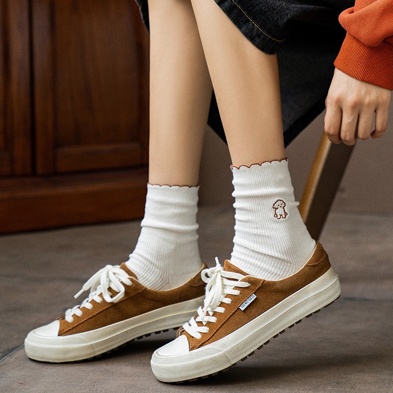 ถุงเท้าผ้าฝ้ายถัก ลายสุนัขน่ารัก สีพื้น สําหรับผู้หญิง 1 แพ็ก OUYOU ...