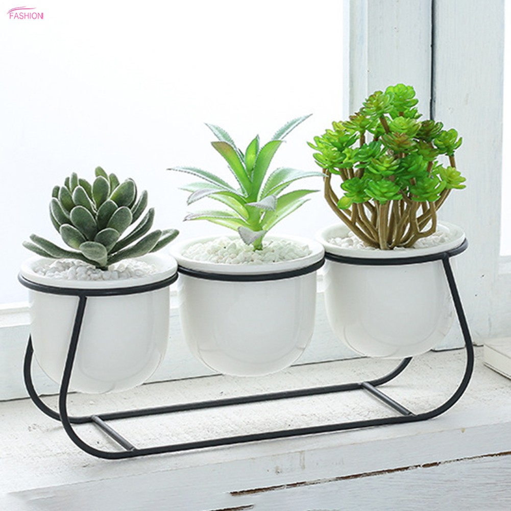 Combination Flower Pot Iron Frame with 3pcs Ceramic Mini Flower Pots ...