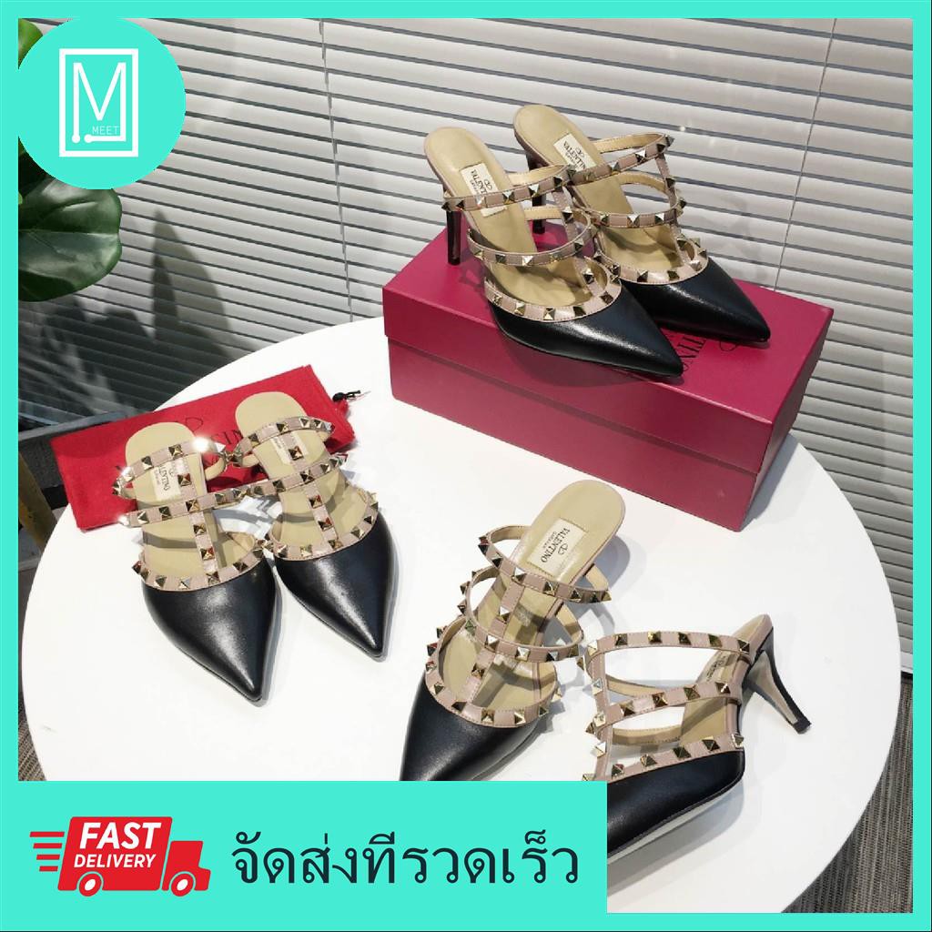 VALENTINO คลาสสิก rivet Tale ออกแบบรองเท้าส้นสูงรองเท้าผู้หญิงสีดำ ...