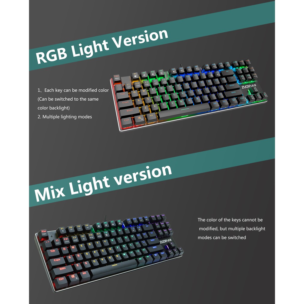 ZUOYA Mechanical Gaming Keyboard RGB 87 Keys Anti-ghosting LED Backlit ...