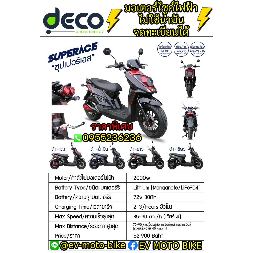 0% 10 เดือน EV MOTO BIKE มอเตอร์ไซค์ไฟฟ้า Deco รุ่น Super Ace 2000 w จด ...