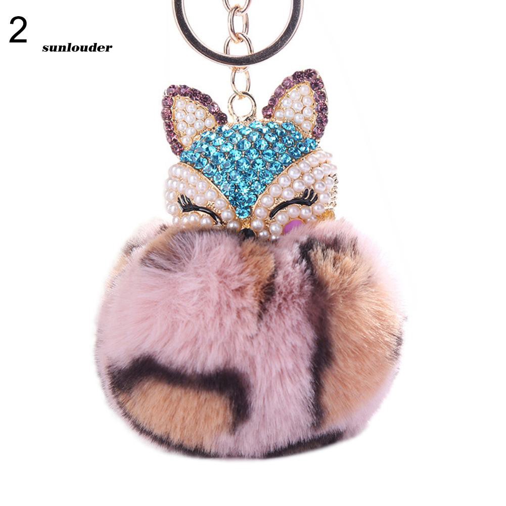 SNLD_Fox Rhinestone Leopard Print Faux Fur Ball Pendant Women's ...