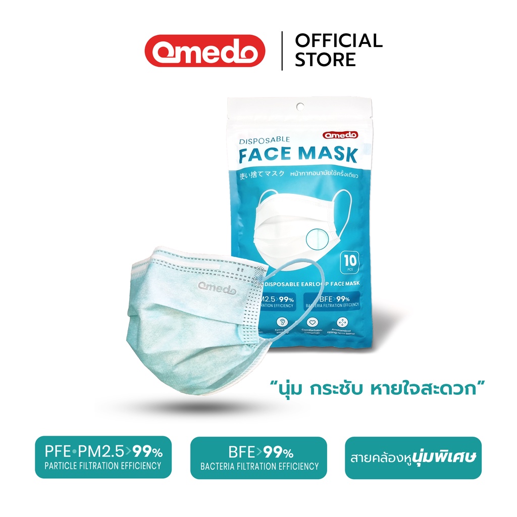 Official Store Omedo Mask หน้ากากอนามัยทางการแพทย์ 3 ชั้น บรรจุ 50 ชิ้นต่อกล่อง มาตรฐาน ASTM ...