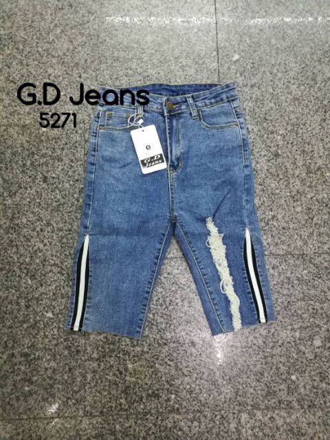 5271 G.D Jeans ยีนส์ผ้ายืดทรงเดฟ 3 ส่วนเล่นแถบ แต่งสะกิดขาดสินค้าจริง2 ...