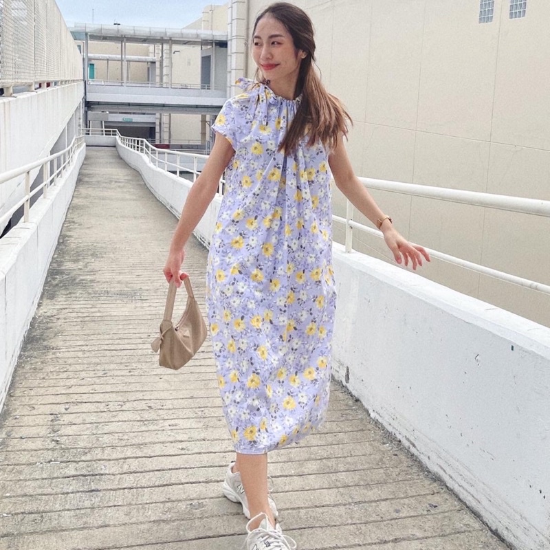 CHAWY พร้อมส่ง biscuit minimal dress C3327 เดรสยาวลายดอกม่วง เดรสม่วง ...
