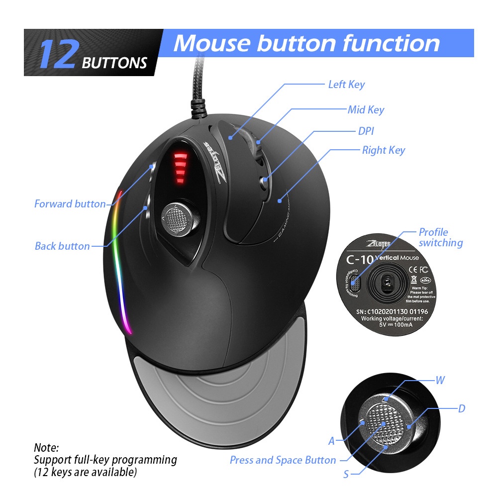 ZELOTES Gaming Mouse C-10 5 Modes 10000DPI Upright Optical RGB LED ...