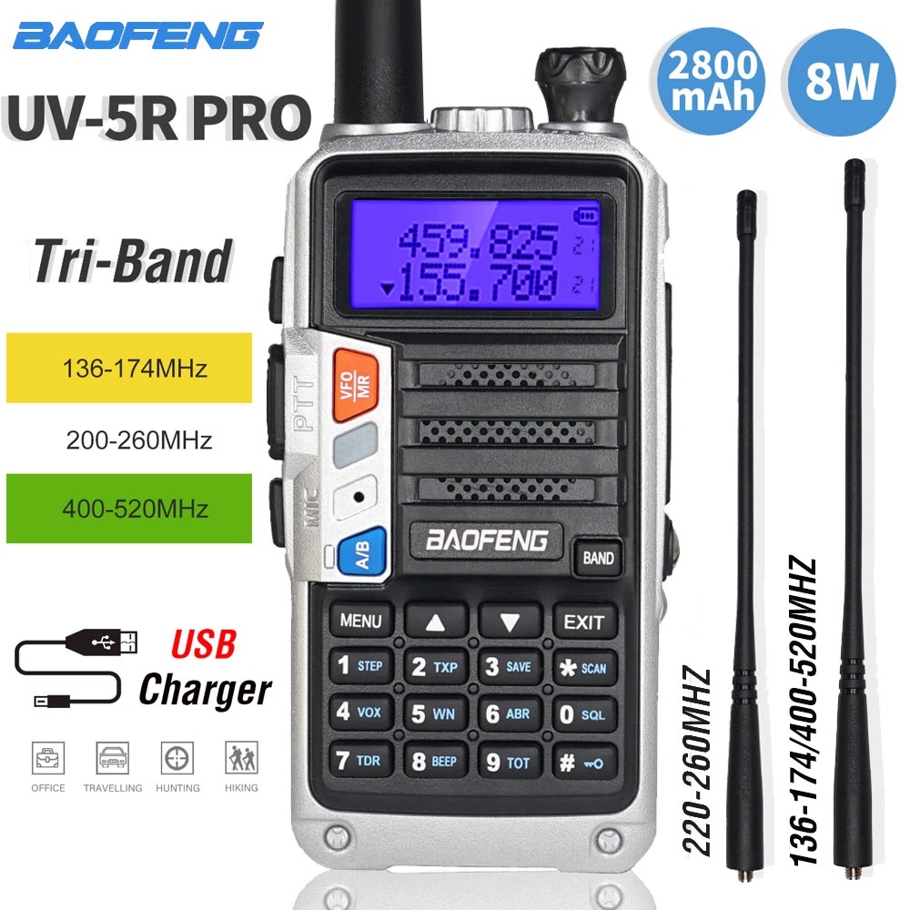Baofeng Long Range Walkie Talkie UV 5R Pro Real 8W Professional Tri Band Two Way Radio USB Fast ...
