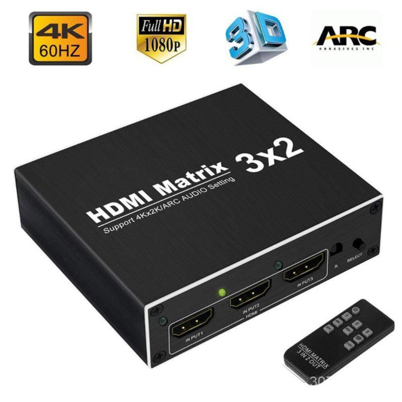 4K HDMI Splitter 60Hz HD 3X2 Matrix Switcher Switch R/L+ARC 3 Ports ...