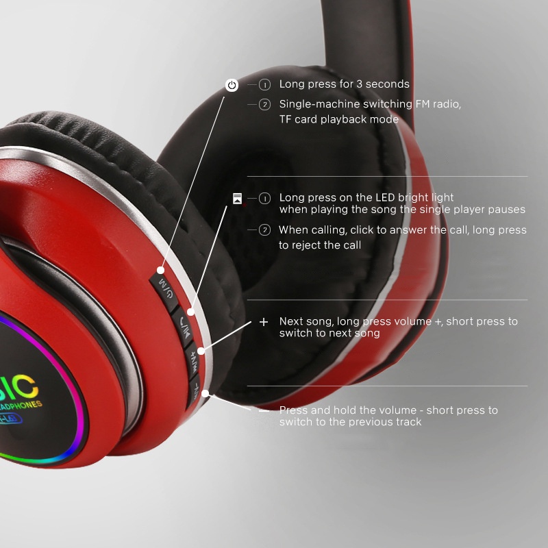 LED Colorful Wireless BT Headphones Headset Foldable Stereo Bass Sound ...