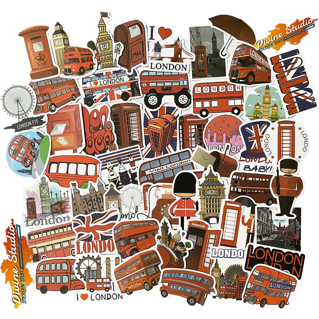 พร้อมส่ง สติ๊กเกอร์ 50 ชิ้น London Bus Sticker Set PVC กันน้ำ เคลือบ ...