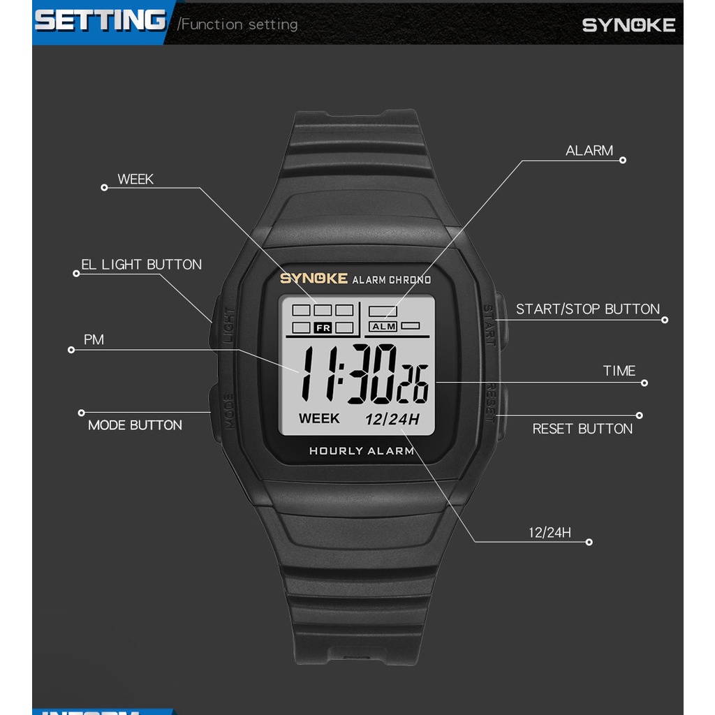 SYNOKE นาฬิกาผู้ชายLEDแสดงผลจับเวลา1224ชั่วโมงนาฬิกากีฬาดิจิตอล ...
