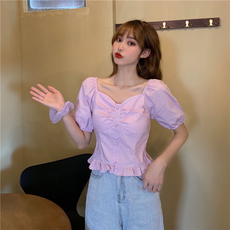 พร้อมส่ง เวอร์ชั่นเกาหลี เสื้อเชิ้ตสีน้ำเงิน Retro เสื้อเชิ้ตคอเหลี่ยม ...