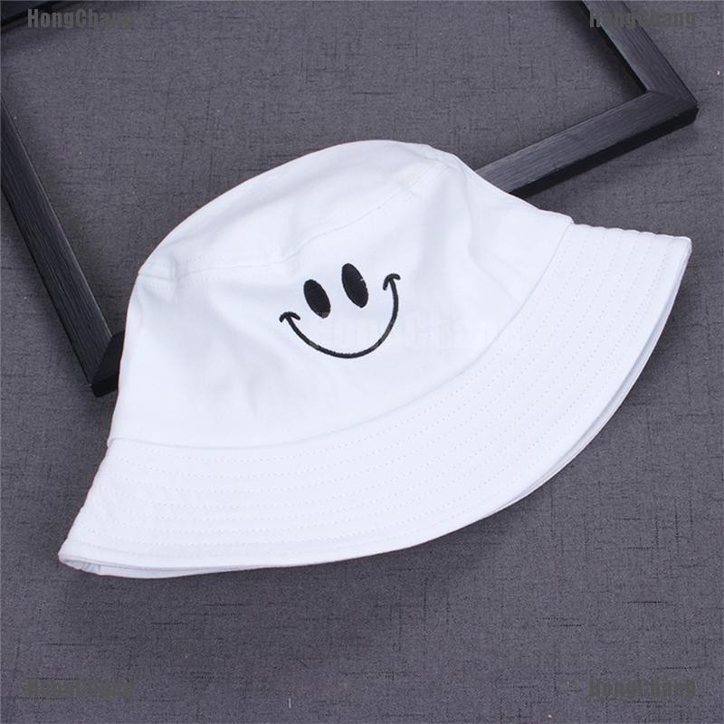[LHGC] Women Smile Face Embroidery Bucket Hat Outdoor Fishing Sunscreen ...