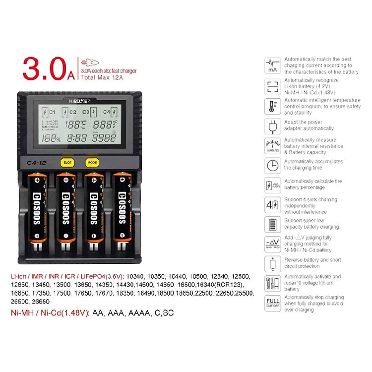 พร้อมส่ง 3A ทุกช่อง เครื่องชาร์จเร็ว Miboxer C4-12C4 Plus Universal Smart Battery Charger Super ...
