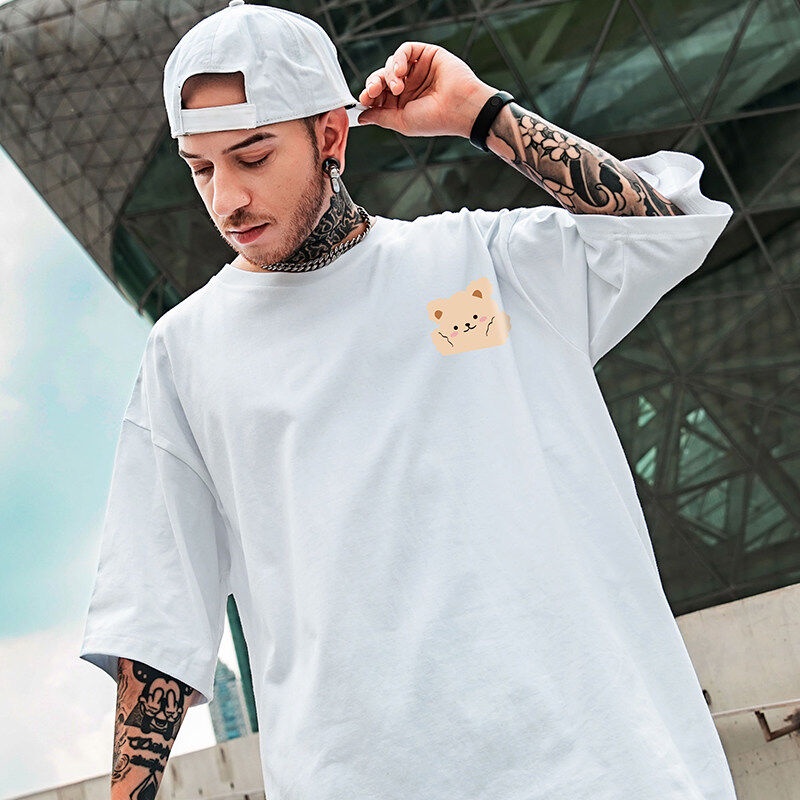 S-8XL InsฉบับภาษาเกาหลีของMenierหมีพิมพ์เสื้อยืดสั้นผู้ชายผู้หญิงคู่แฟชั่นสไตล์ฮ่องกงหลวมๆสบายๆ ...