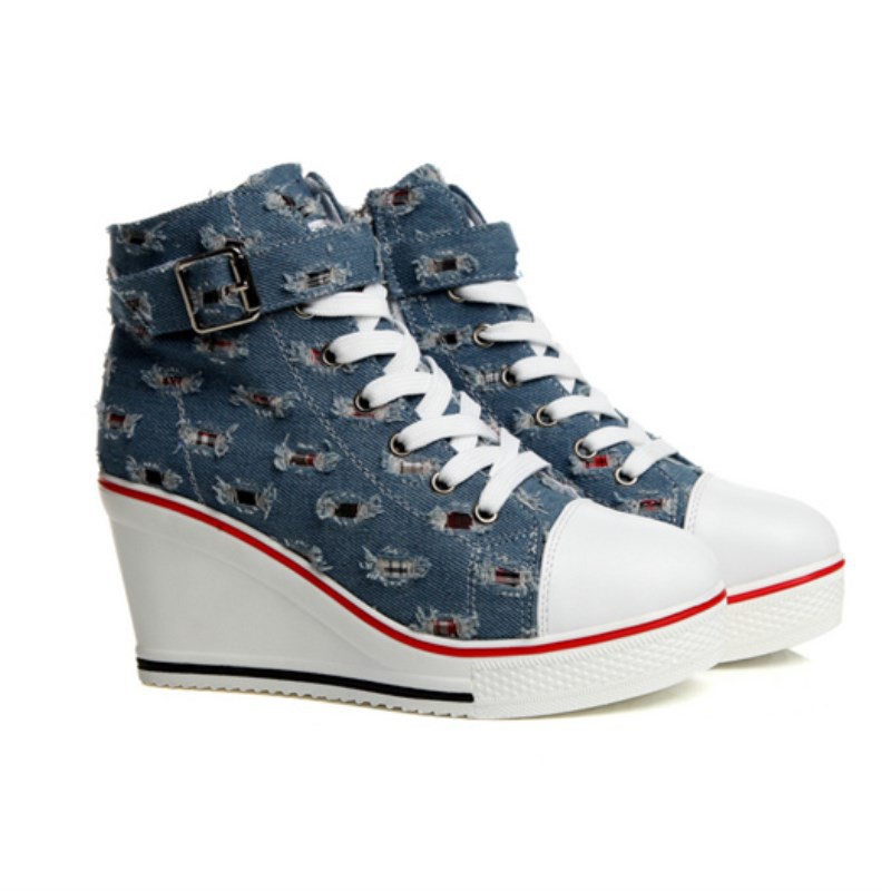 Flowers Canvas High Heels Platform Shoes Women Singles Breathable Denim ...