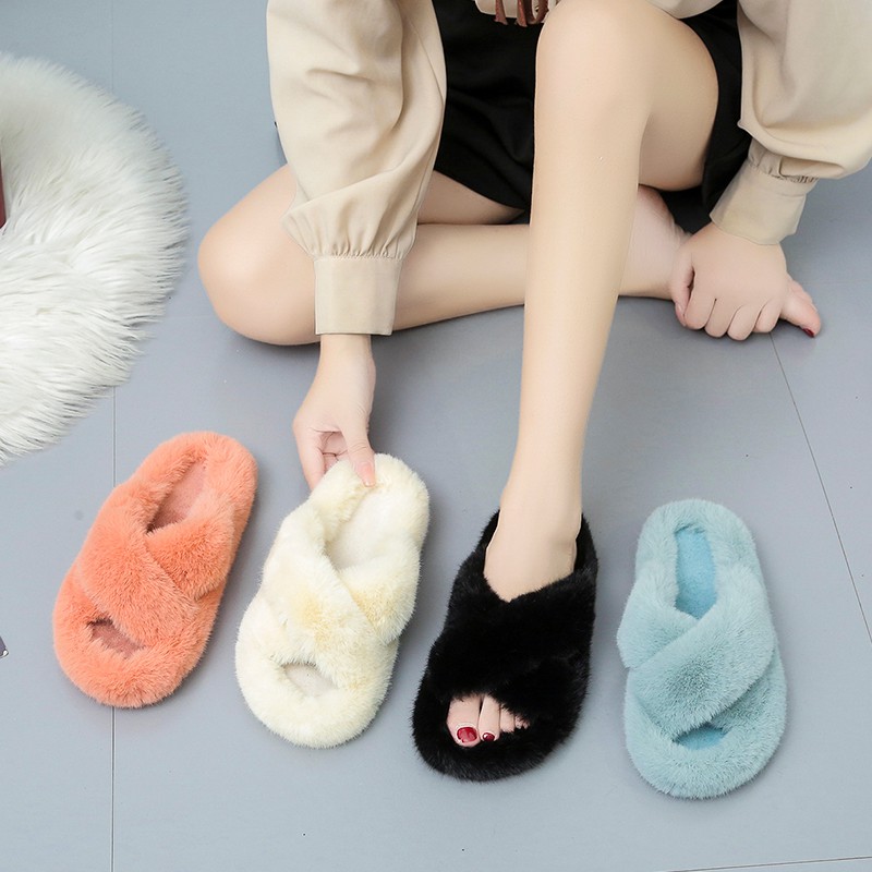 Net red plush slippers women's outer wear 2020 new autumn fashion cross ...