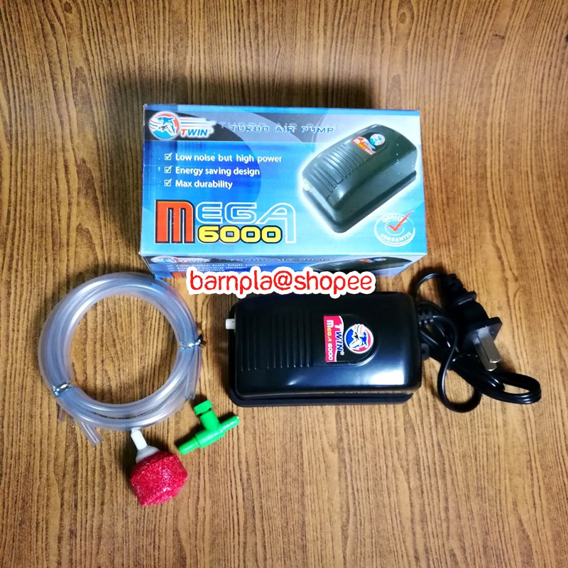 ปั๊มออกซิเจน ปั๊มลม รุ่น Mega 6000 สำหรับอ่างปลาหรือตู้ปลา แถมอุปกรณ์ครบชุด สาย 1 เมตร ระบบ ...