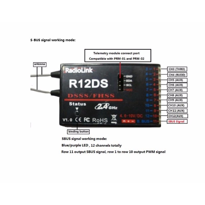 RadioLink R12DS 12CH 12 Channel Receiver 2.4Ghz For AT10 Transmitter ...