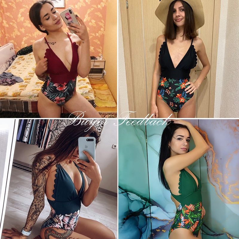 ชุดว่ายน้ำหญิงone Iece Swimsuits Female Shoulder Floral Women Swimwear