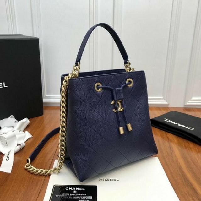 Chanel Blue Grained Calfskin Drawstring Bag With Gold Hardware ...