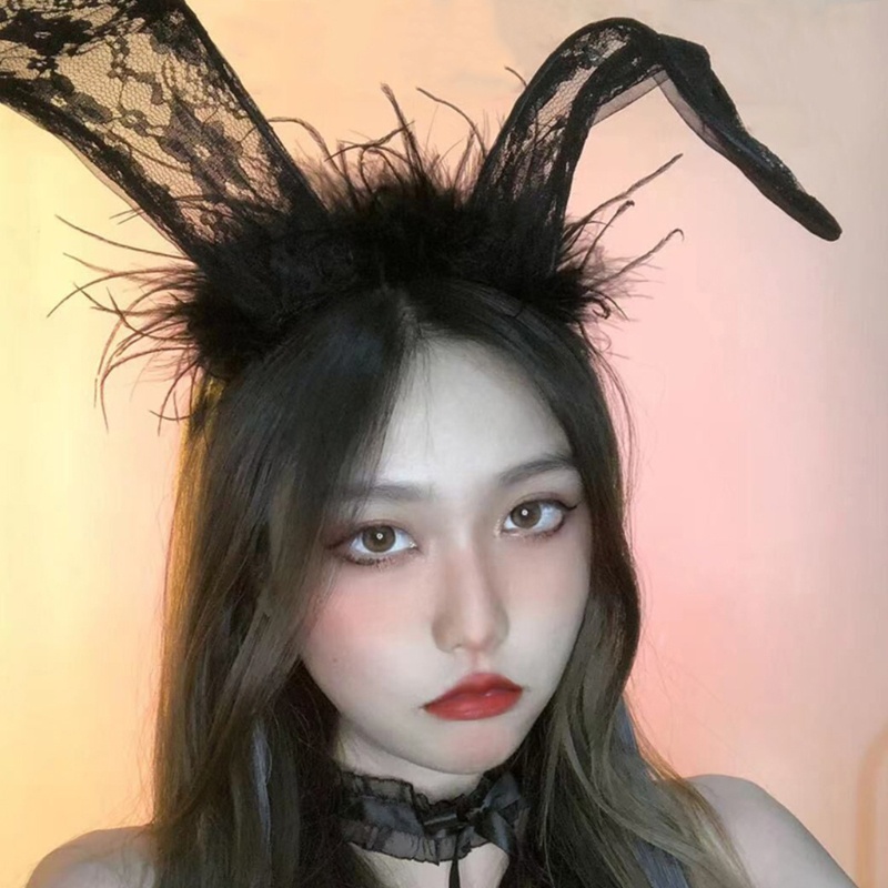 ℜ ℜ Black Lace Sexy Headbands Bunny Ears Hairband Feather Rabbit Ears