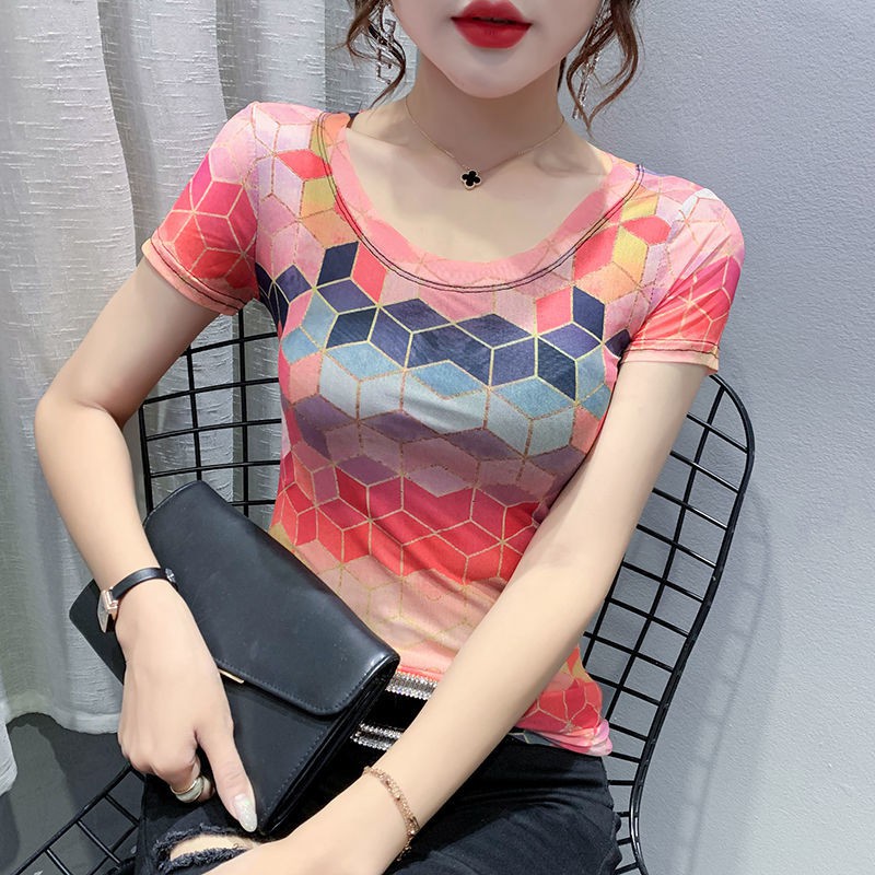 European Station2021Summer New Fashion Color Mesh Slim Fit Top Short ...