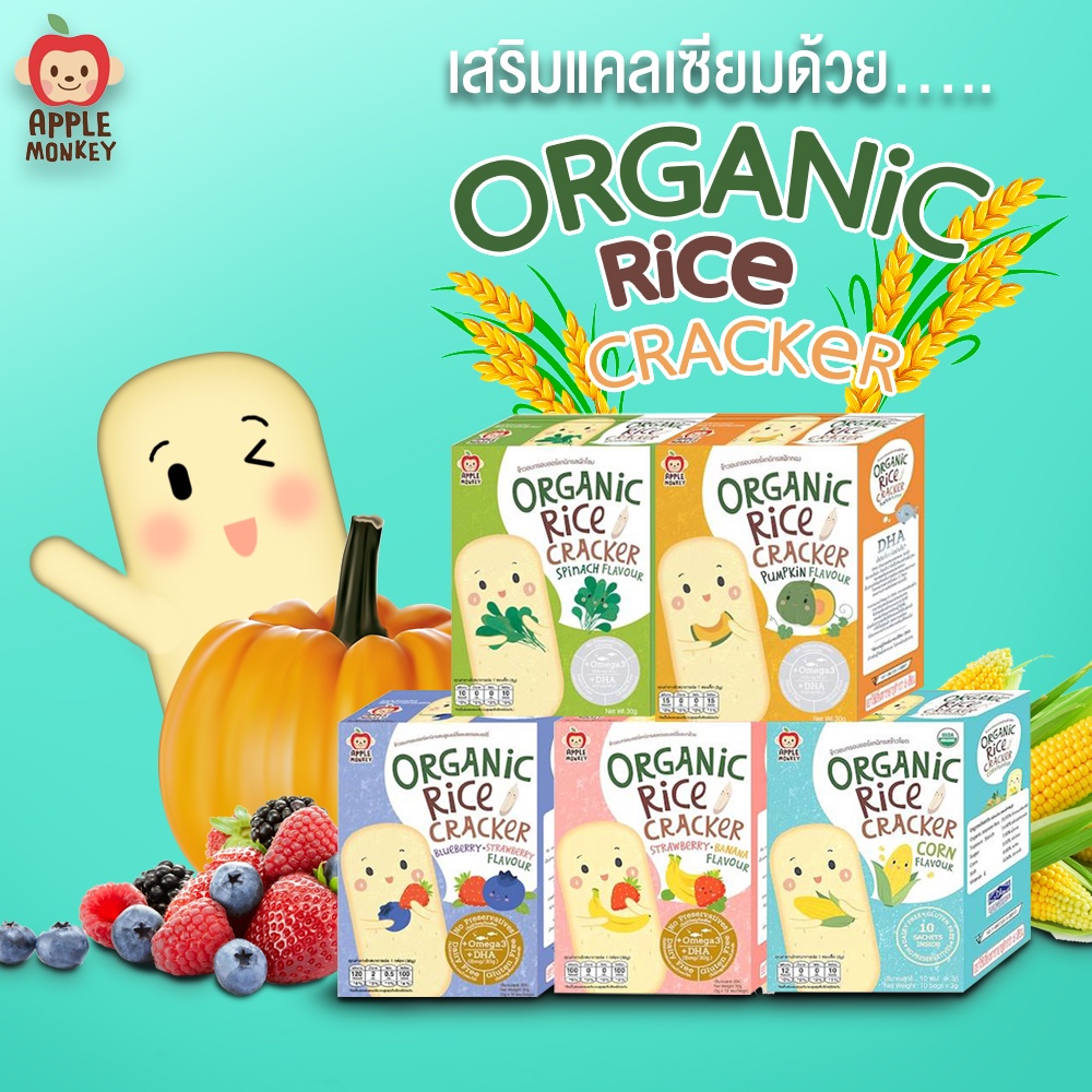 APPLE MONKEY แครกเกอร์ข้าวหอมมะลิออร์แกนิค Organic Cracker ขนมเด็ก ขนมเด็กอายุ 8 เดือนขึ้นไป ...