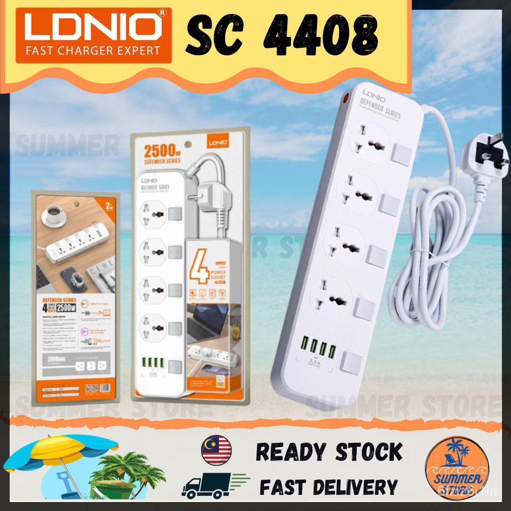 2021ORIGINAL LDNIO SC 4408 Power Strip 4 Socket & USB Output 3.4A 2m UK ...