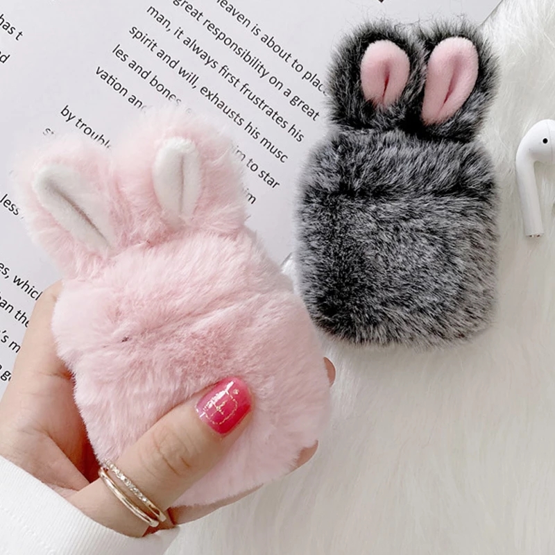 ღღCute Soft Fluffy Plush Rabbit Ears Case for Apple Airpods Silicone ...
