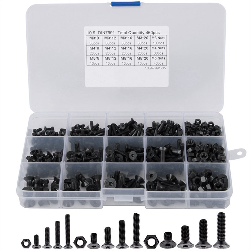 460Pcs M3 M4 M5 Alloy Steel Countersunk Flat Head Hex Socket Cap Screws Nuts Set Assortmen ...